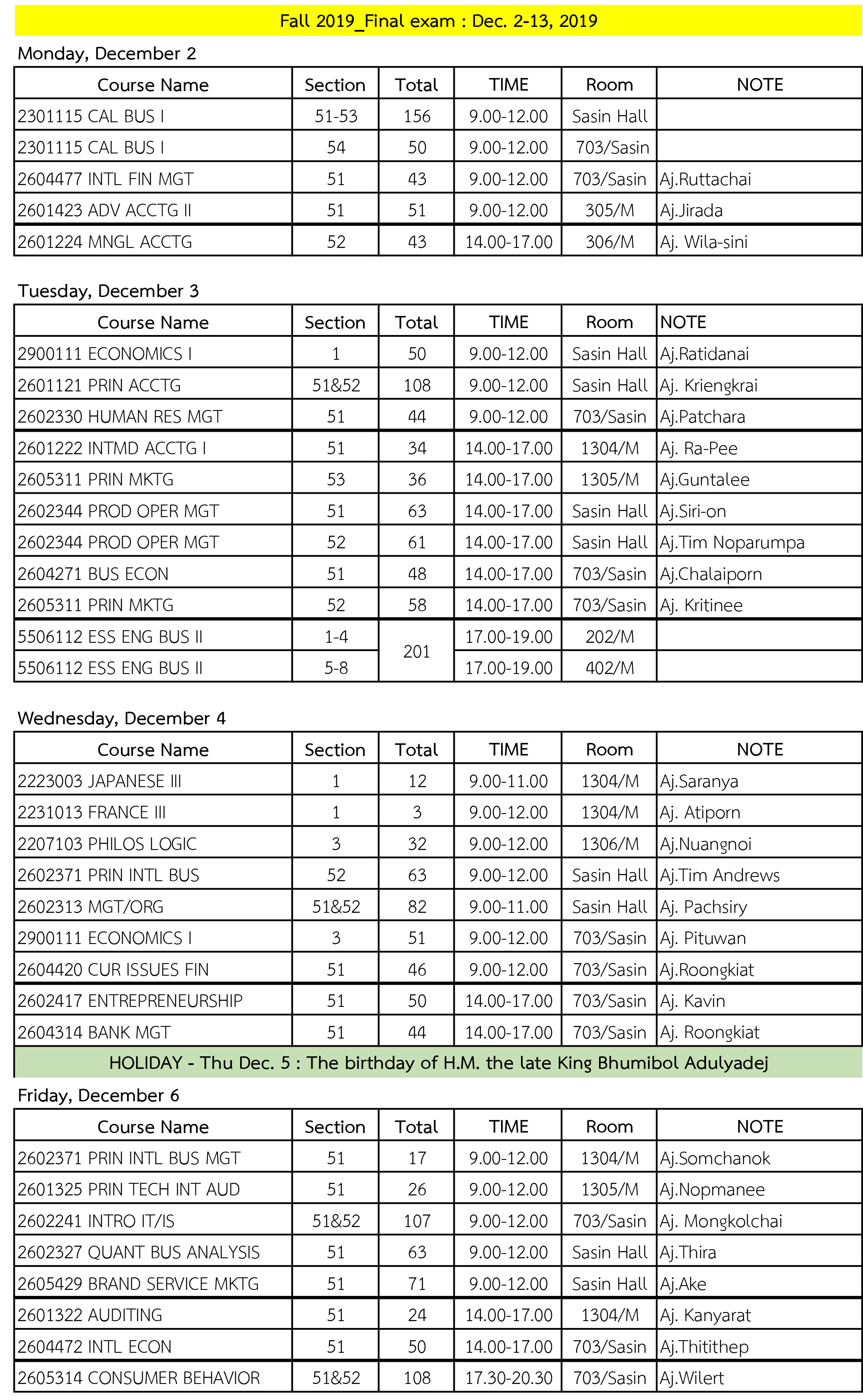 Final examination schedule for Fall semester 2019 (21/11/2019)