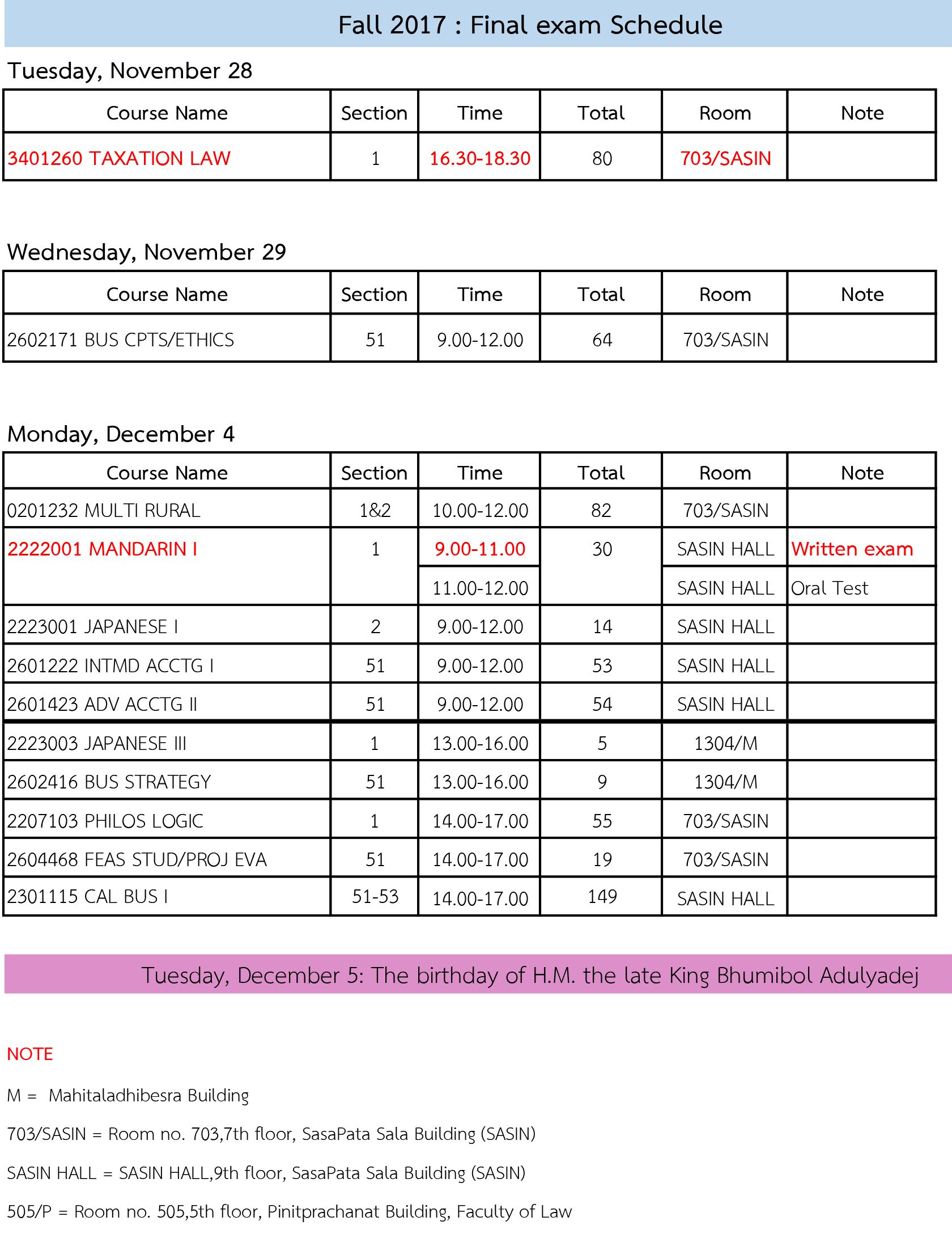 Final Examination Schedule for Fall Semester 2017 [UPDATED 28/11/2017]