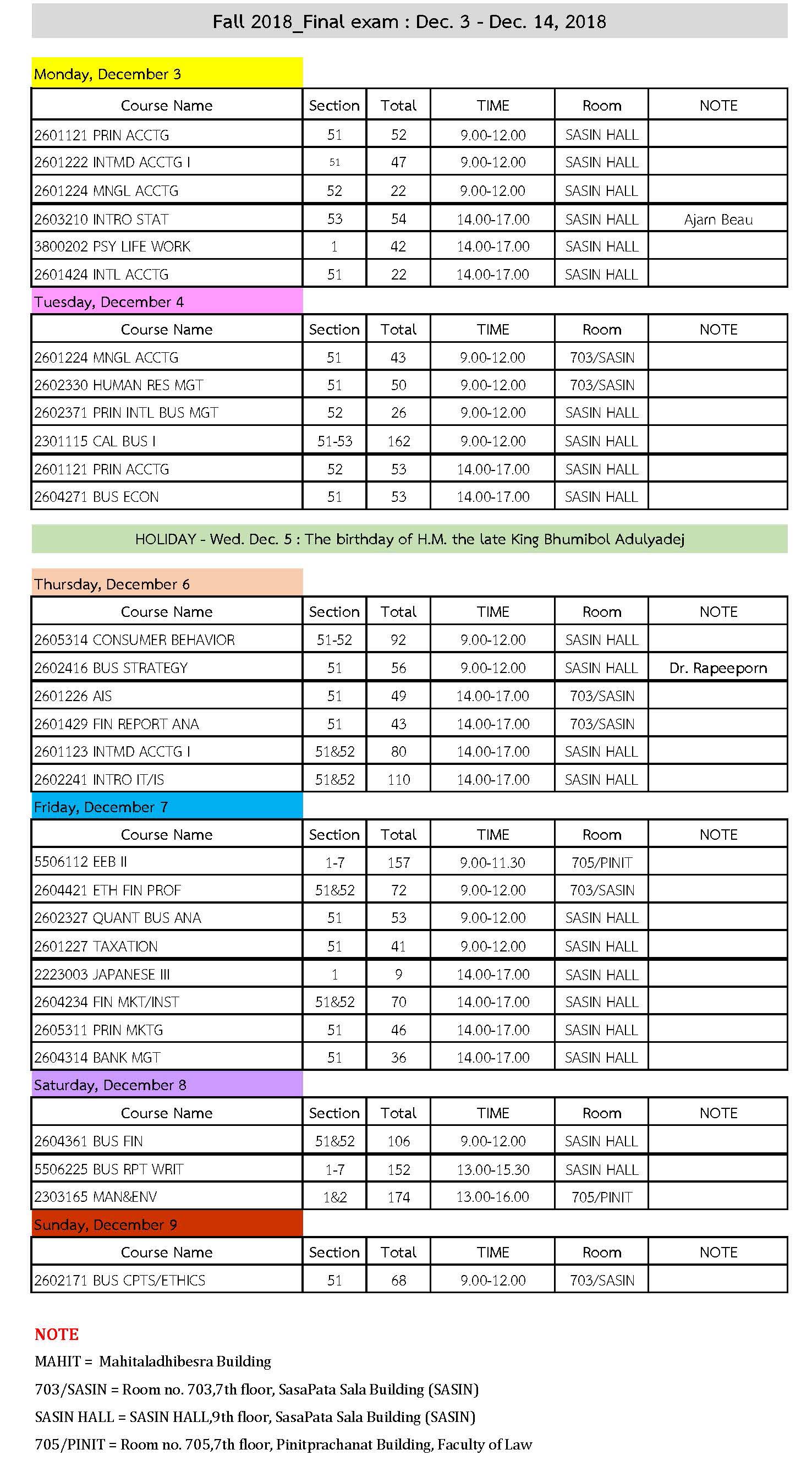 Final examination schedule for Fall semester 2018