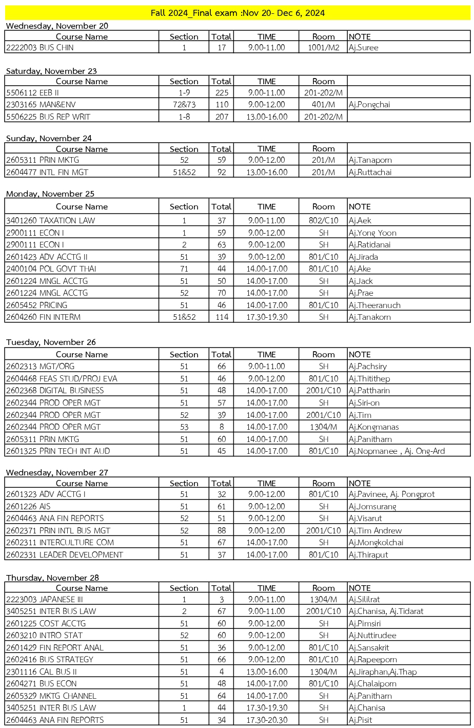 Final Examination Schedule for Fall semester 2024 of Academic year 2024 ...