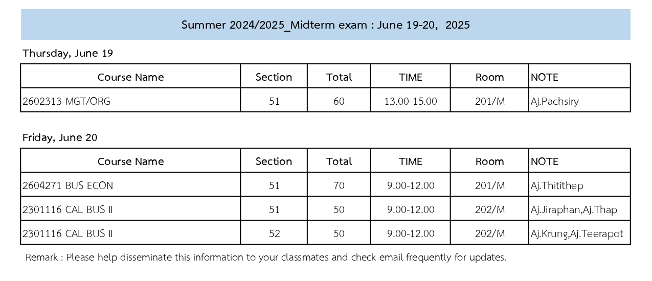 Midterm Examination Schedule for Summer Semester 2025 of Academic year 2024