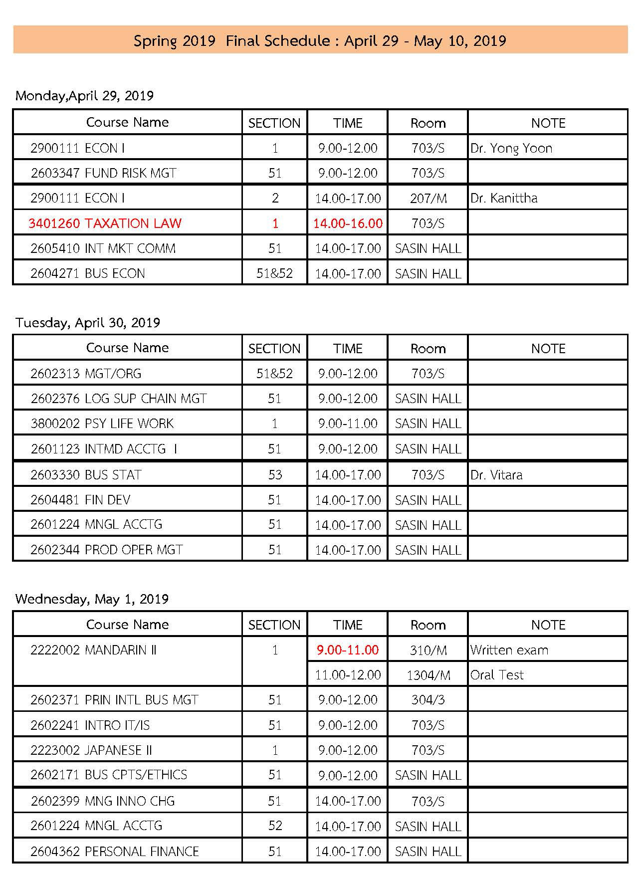 Final examination schedule for Spring semester of the AY2018 (UPDATED ...