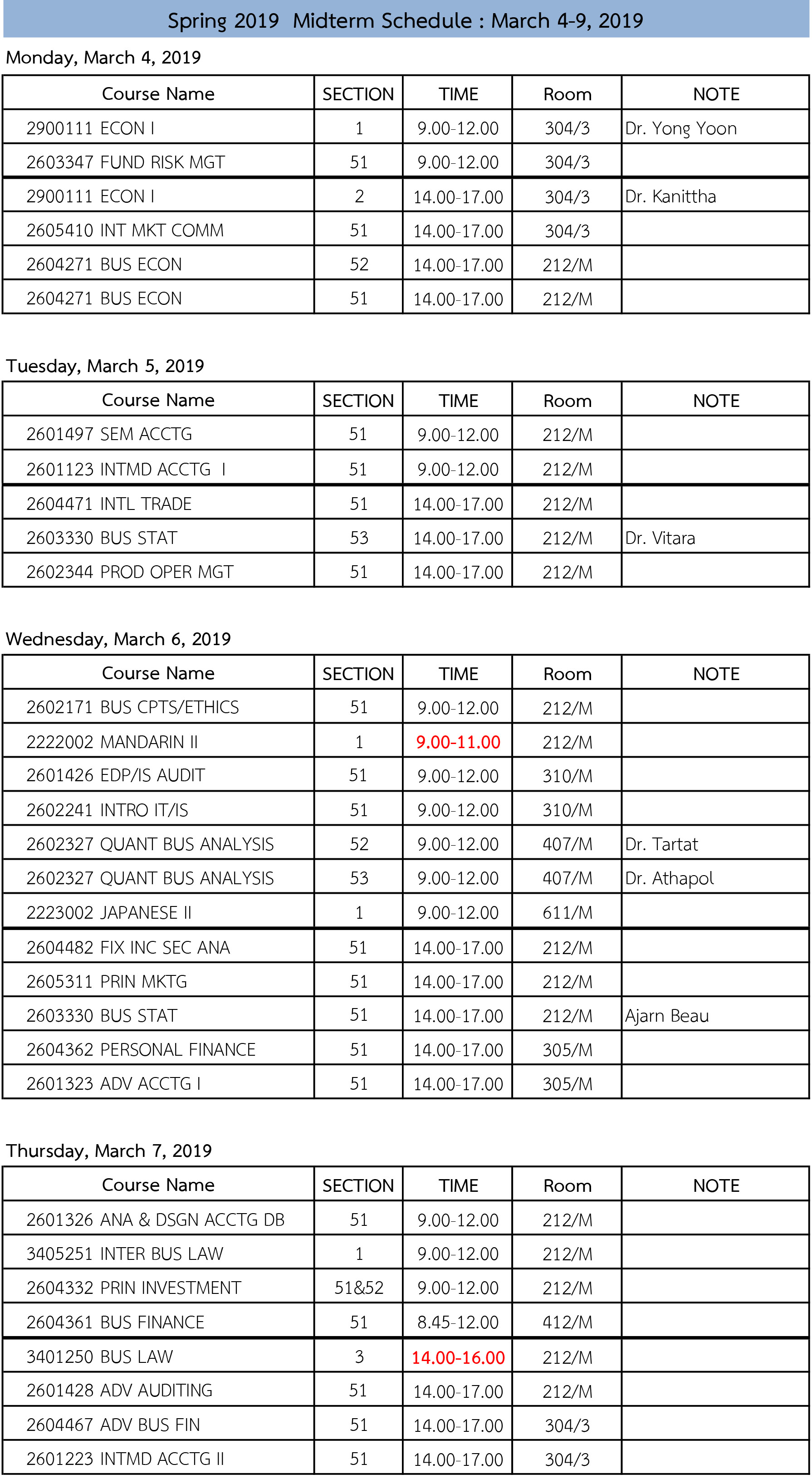 Midterm Examination Schedule for Spring Semester 2019 [Updated 27/02/2019]