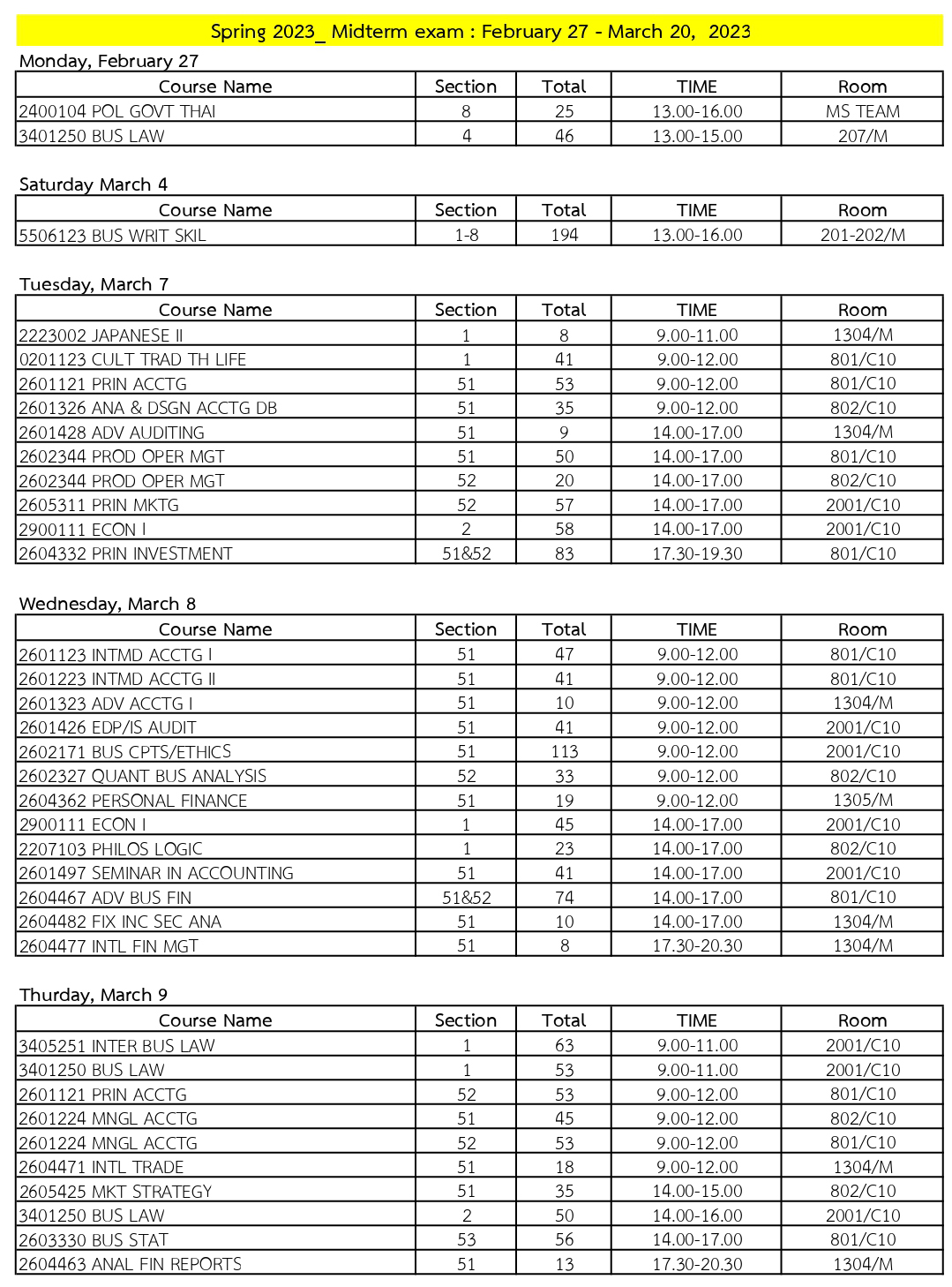 Midterm Examination Schedule for Spring semester 2023 of Academic year ...