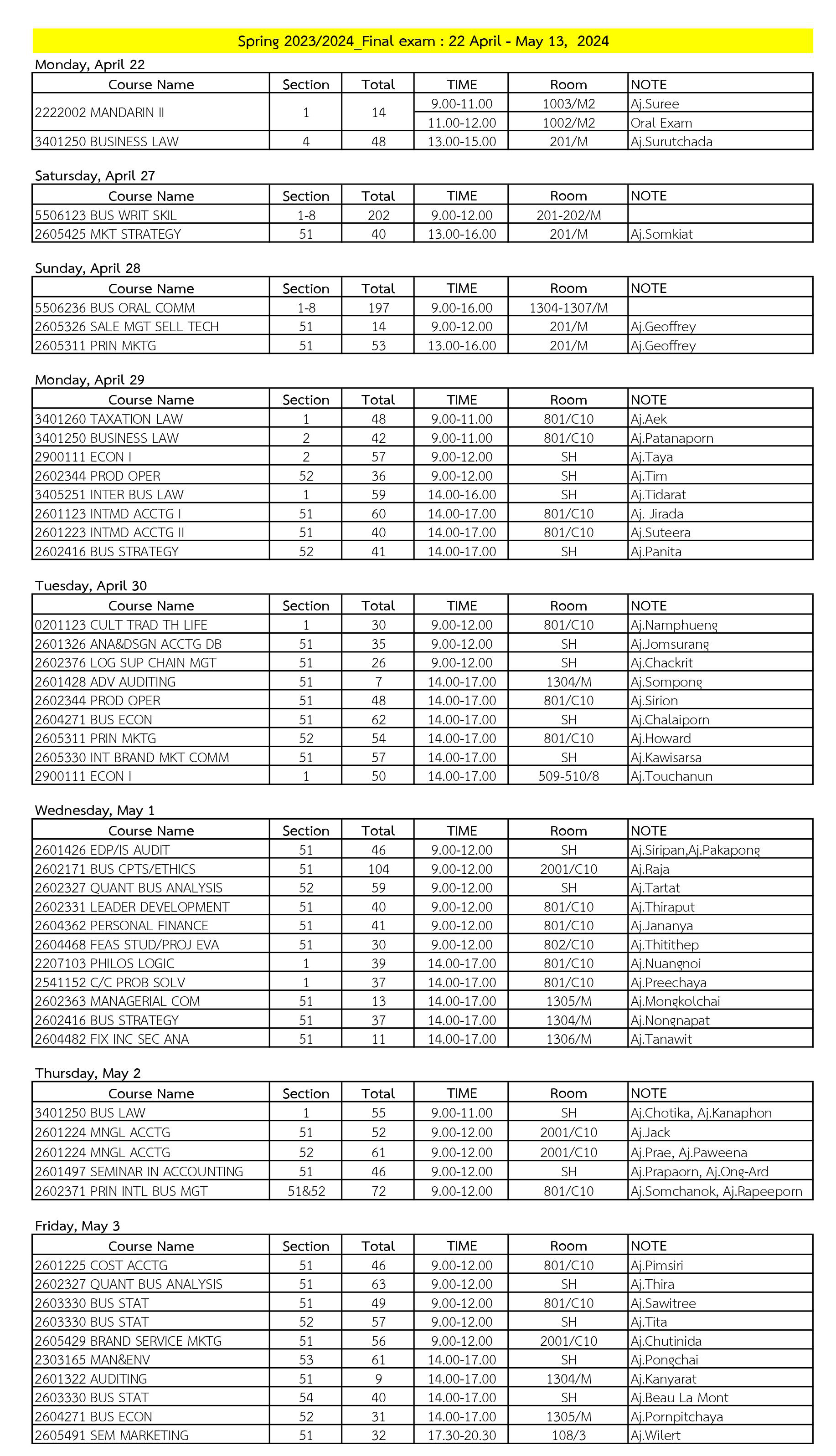 Final Examination Schedule for Spring Semester 2024 of Academic year 2023