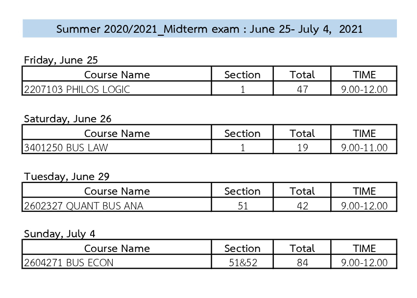Midterm Examination Schedule for Summer Semester 2021